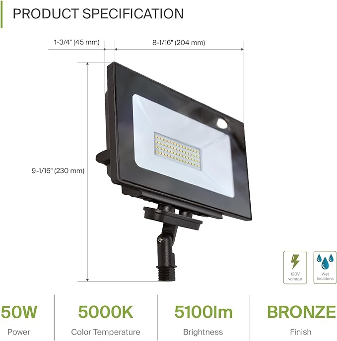 2 PACK ASD-FLSL-50N50A-BZ-2pack 50W LED Outdoor Flood Light 120V 5100 ...